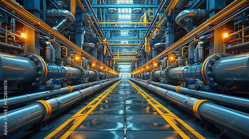 Industrial Background, Pipes running through a factory with bright ...