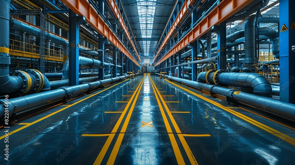 Industrial Background, Pipes running through a factory with bright ...