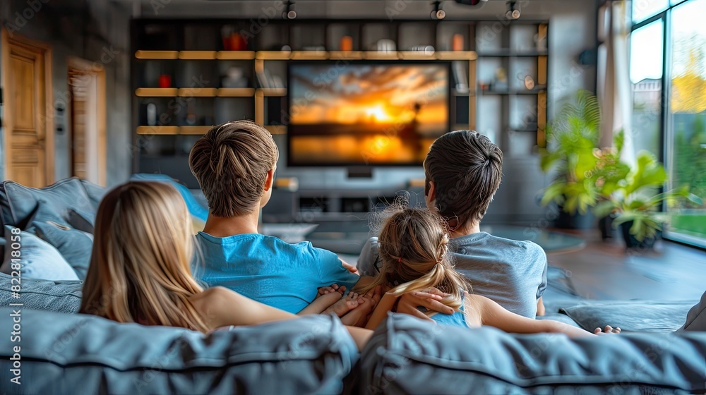 Family members watching a movie together in the living room Stock Photo ...