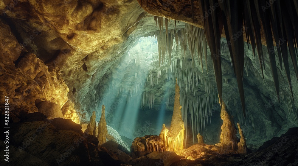 A 3D scene of a mysterious cave with stalactites and stalagmites ...