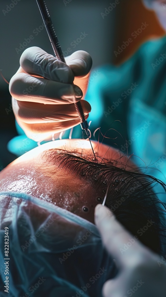 A surgeon meticulously inserts individual hair follicles on a balding ...