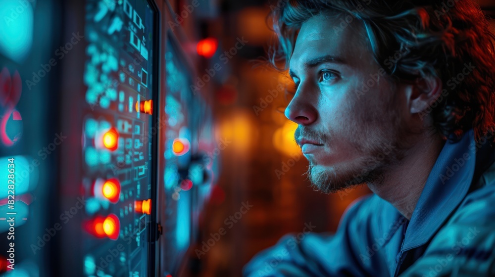 Focused Individual Monitoring Critical Data On Illuminated Control Panel In Dimly Lit Control