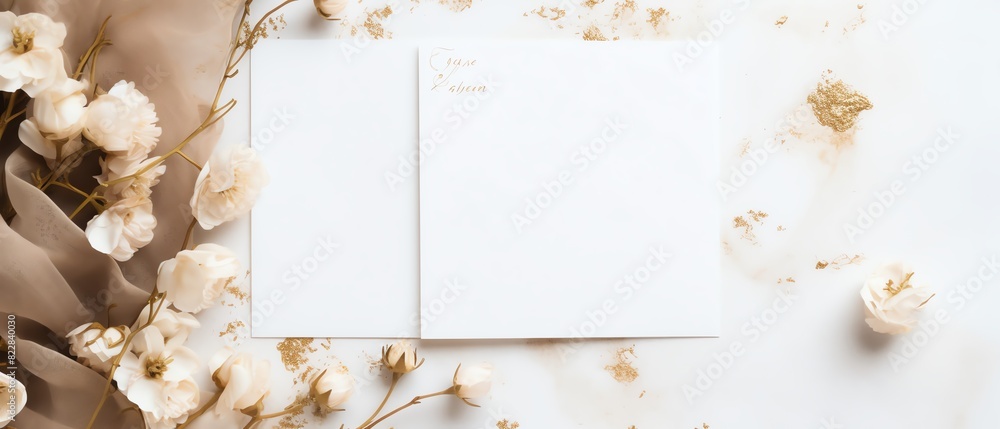 Two golden wedding rings on paper Floral frame White blank wedding ...