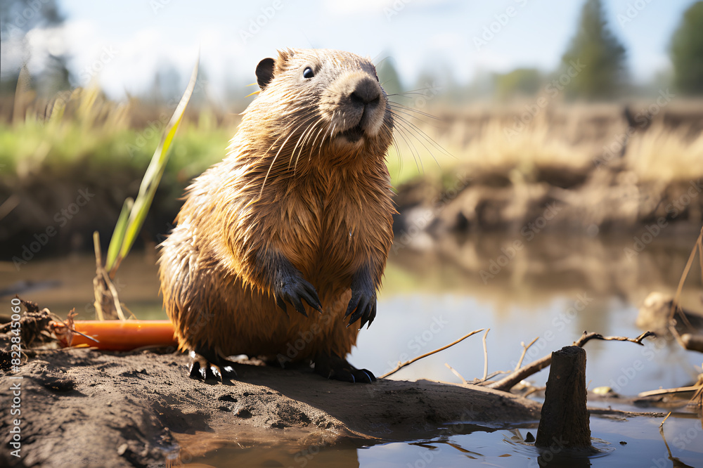 Brown beaver stand and watch in search of food River and meadow in the ...