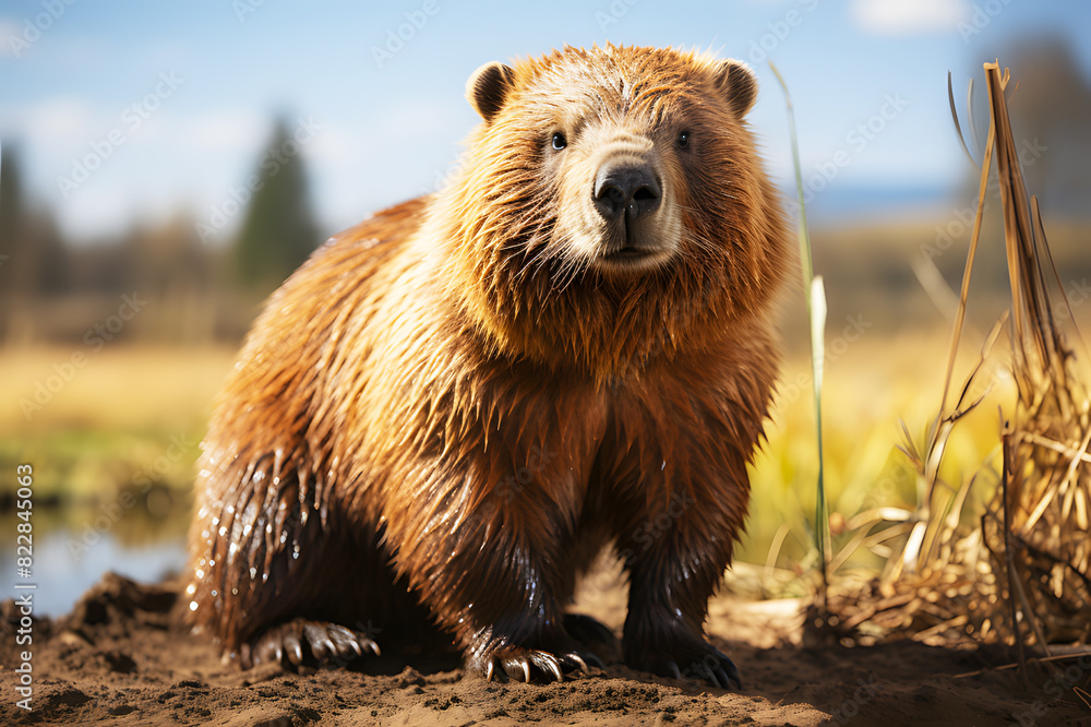 Brown beaver stand and watch in search of food River and meadow in the ...