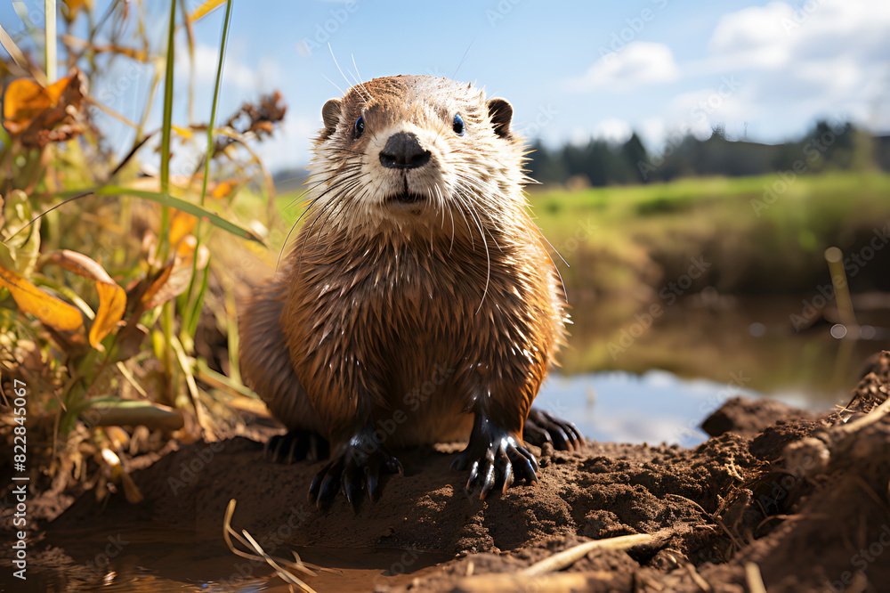 Brown beaver stand and watch in search of food River and meadow in ...