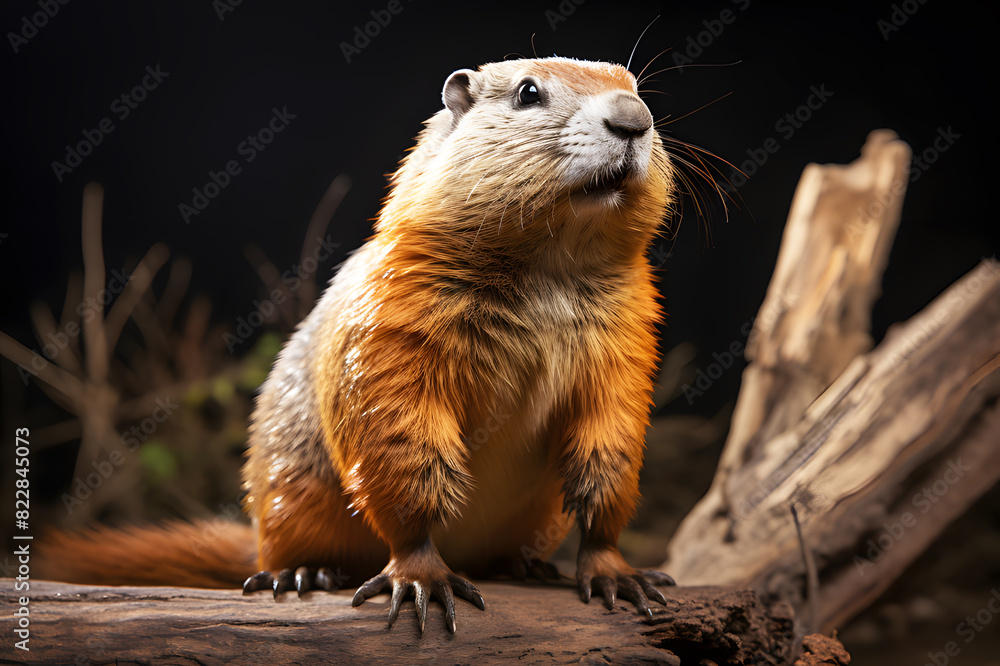 Brown beaver stand on a log watch in search of food meadow in black ...
