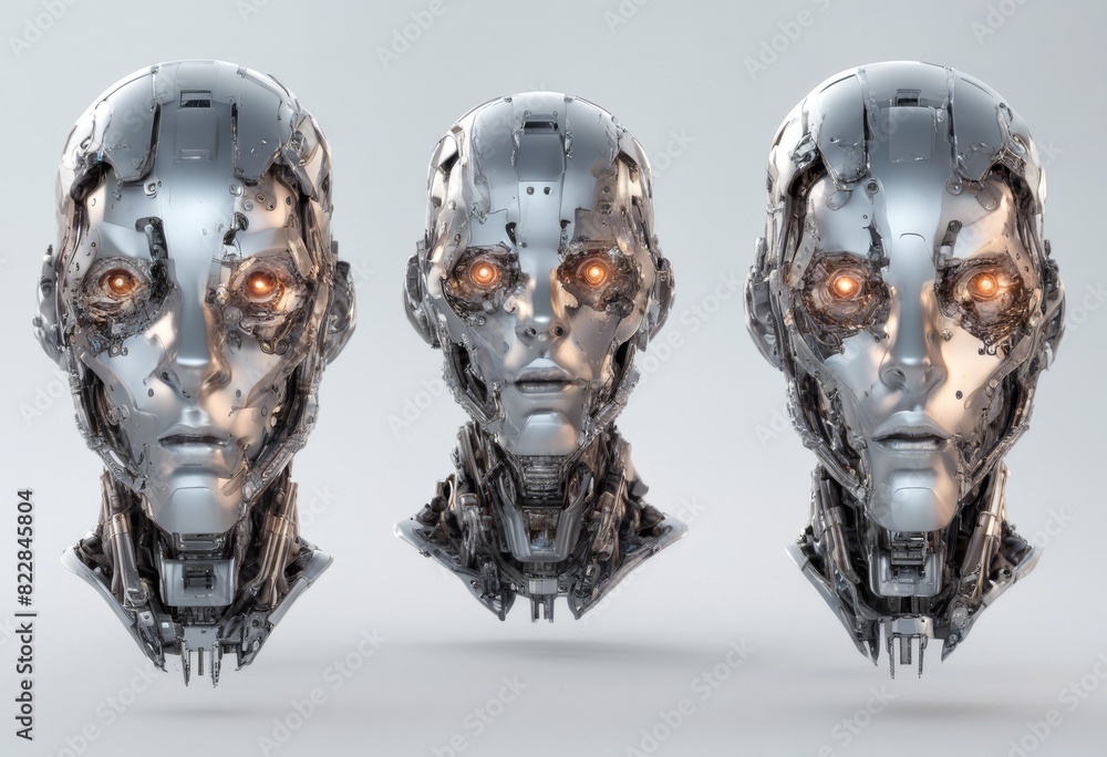 robot detailed cyborg white background 3d different set face very angles three render ad olated ...