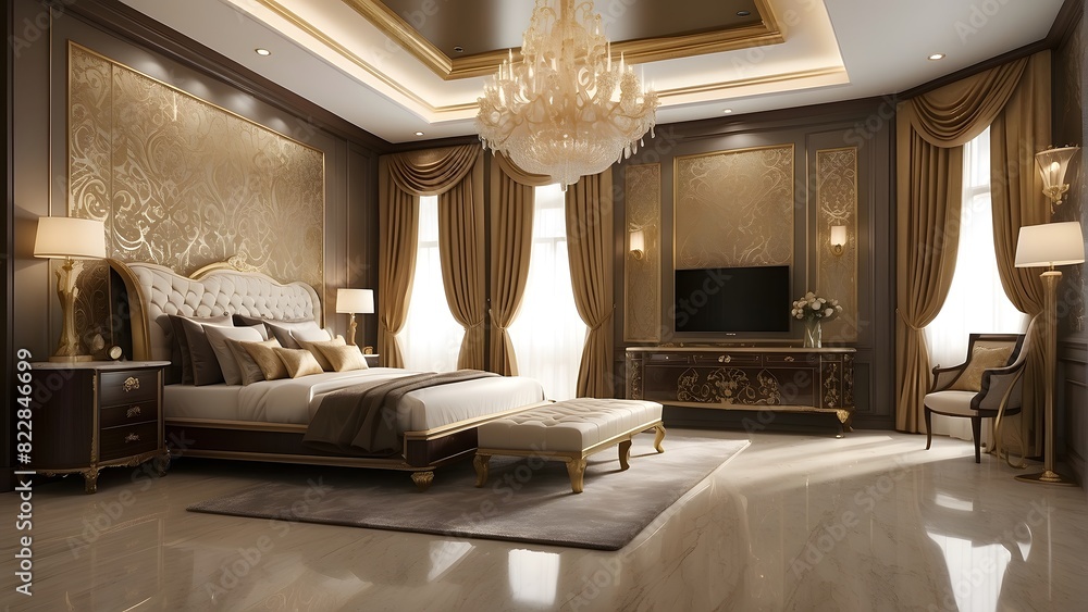Royal luxury bedroom interior design, modern sepia and golden interior ...