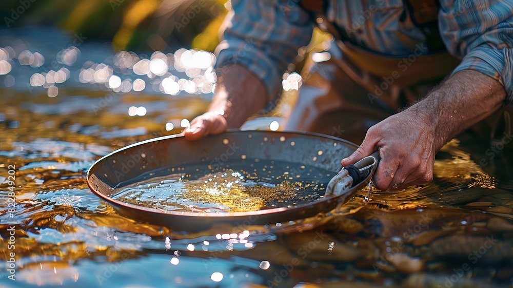 Person panning for gold in a river, demonstrating the traditional ...