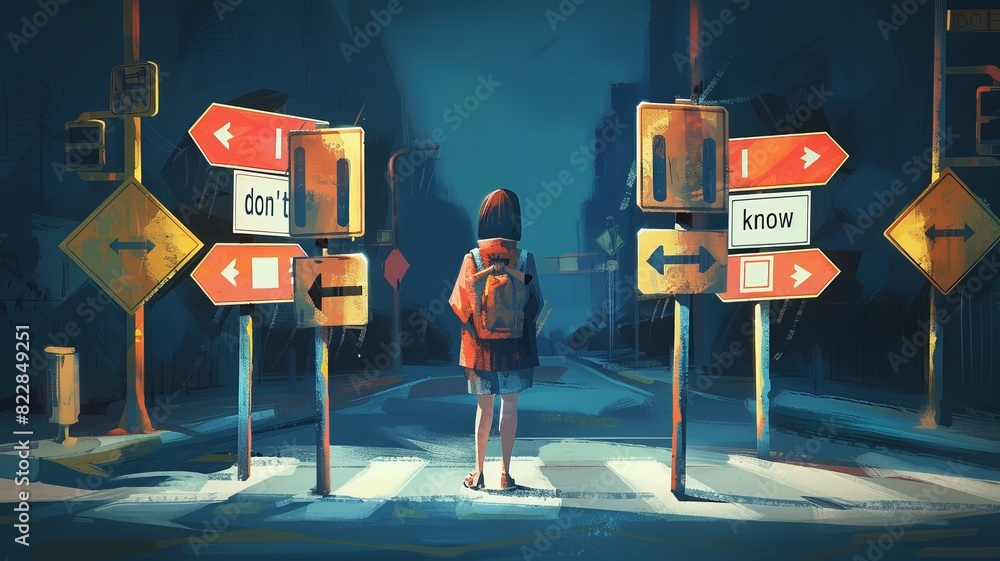 Person standing at a crossroads with multiple signs, symbolizing ...