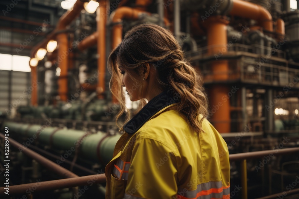 Engineering woman worker wearing safety suit at oil and gas refinery ...