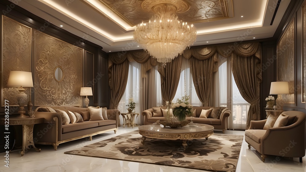 Royal luxury living room interior design, modern sepia and golden ...