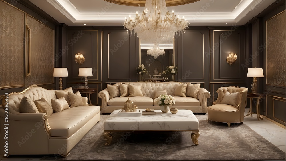 Royal luxury living room interior design, modern sepia and golden ...