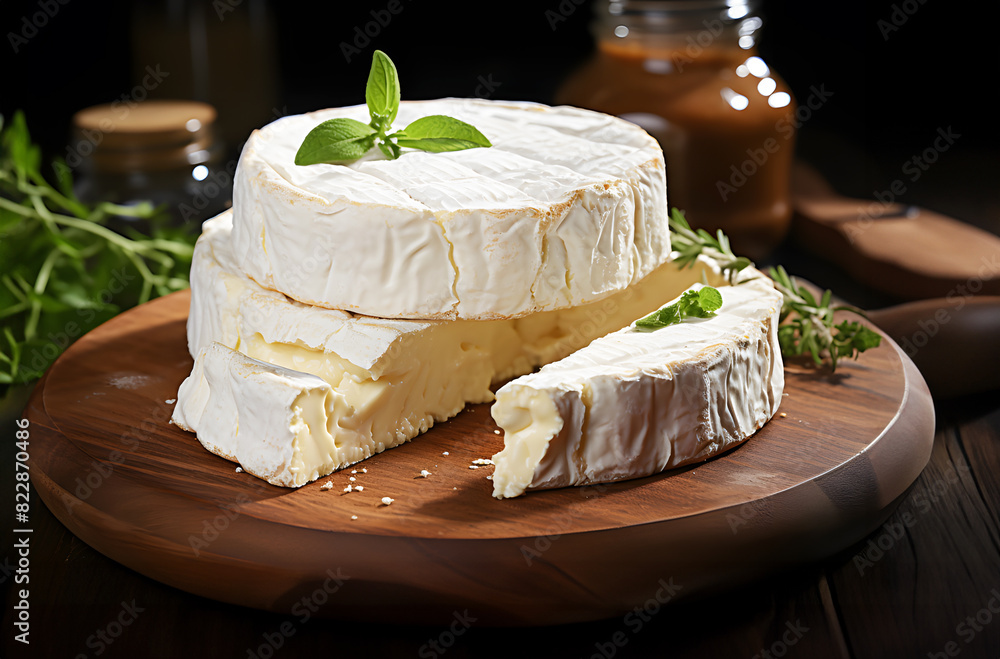White Brie with mint leaves on top. on brown wooden cutting board on ...