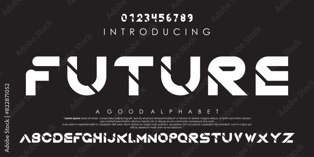 Future Tech font, digital alphabet, featuring thin Latin letters A to Z and numerals 0 to 9 ...