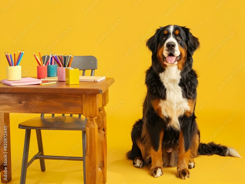 Bernese Mountain Dog Supervising Student Workspace with School Supplies ...