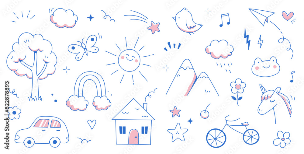 Kid cute doodle set. Cute sun, house, tree kid doodle sketch style ...