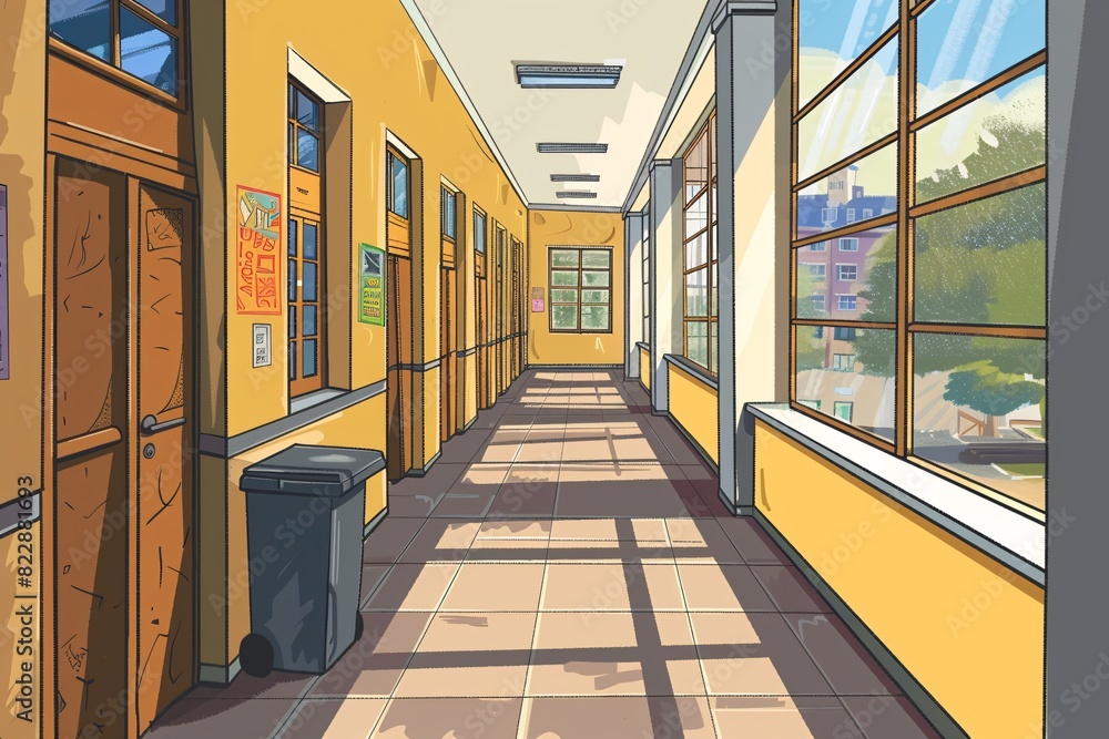 A 2D illustrated cartoon of a school hallway with windows and many ...