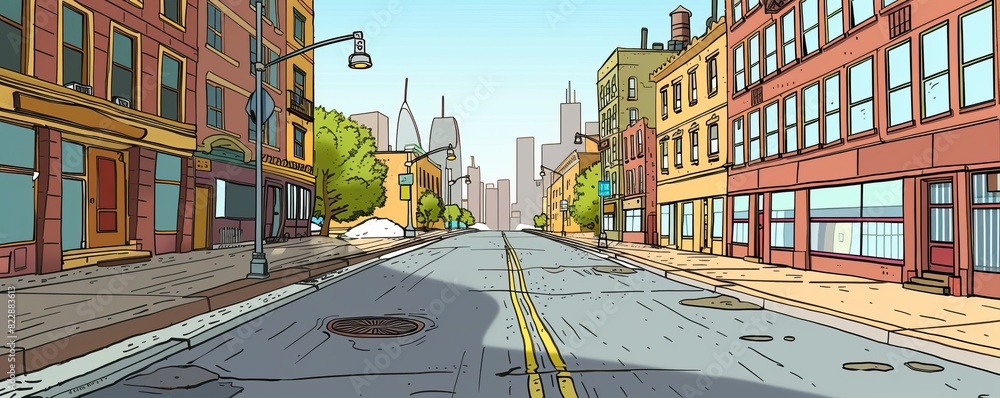 An illustration of a city road turn, featuring an empty street with a ...