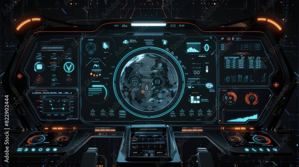Futuristic spaceship cockpit with advanced controls and holographic displays, perfect for sci-fi ...