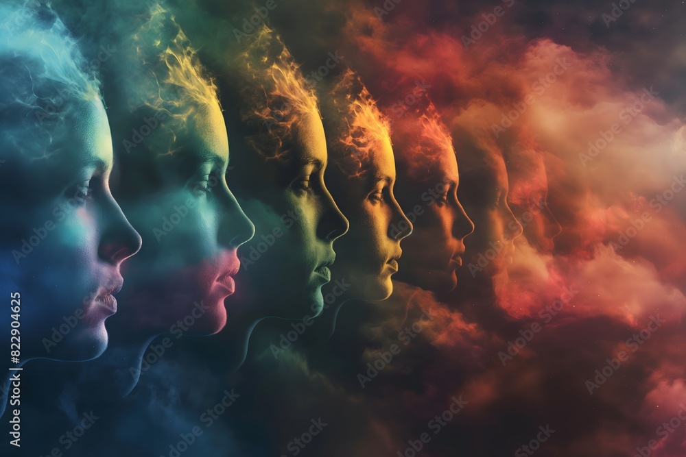 Illustrations of ethereal human faces in profile, transitioning through ...