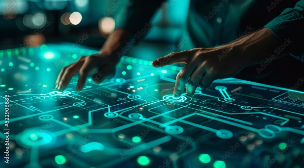 Man is pointing at an interactive flowchart on the table, which shows ...