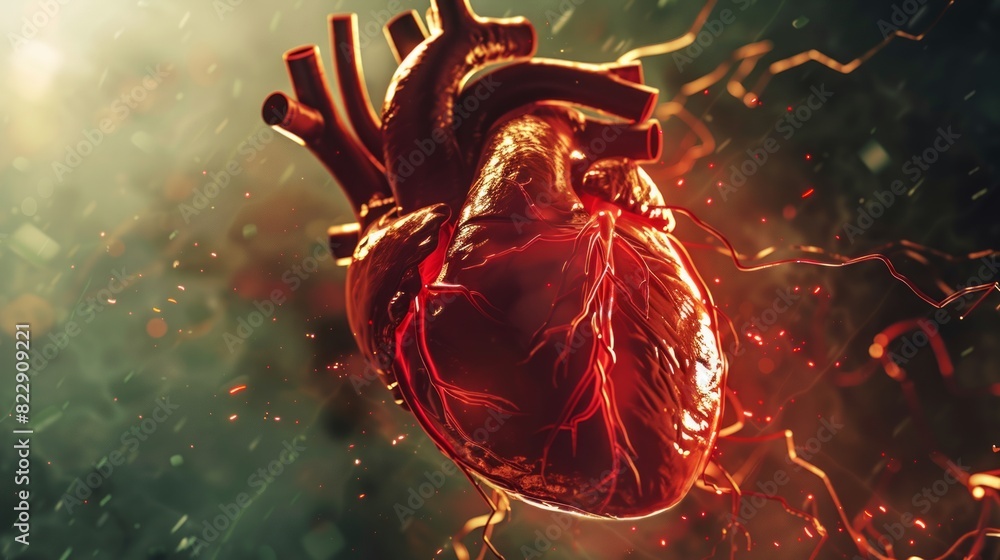 Realistic depiction of a beating heart with electrical impulses ...