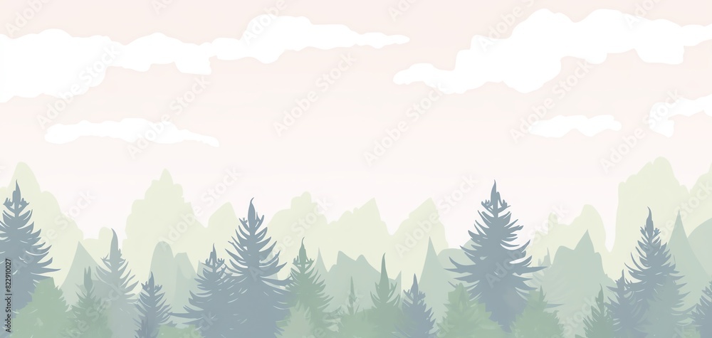 Illustrated forest landscape with gradient sky and silhouette of trees ...