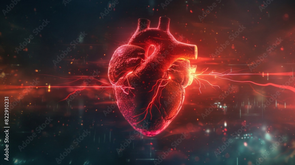 Realistic depiction of a beating heart with electrical impulses ...