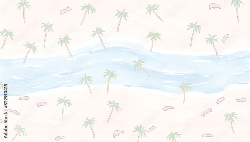 Seamless pastel beach pattern featuring palm trees, flip flops, and ...