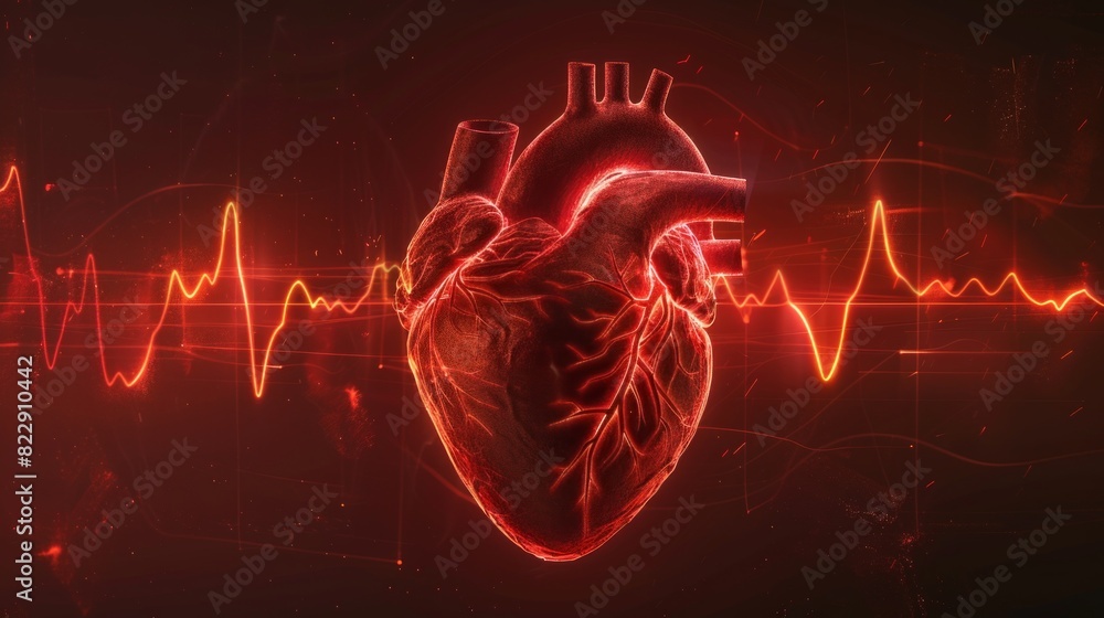 Realistic depiction of a beating heart with electrical impulses ...