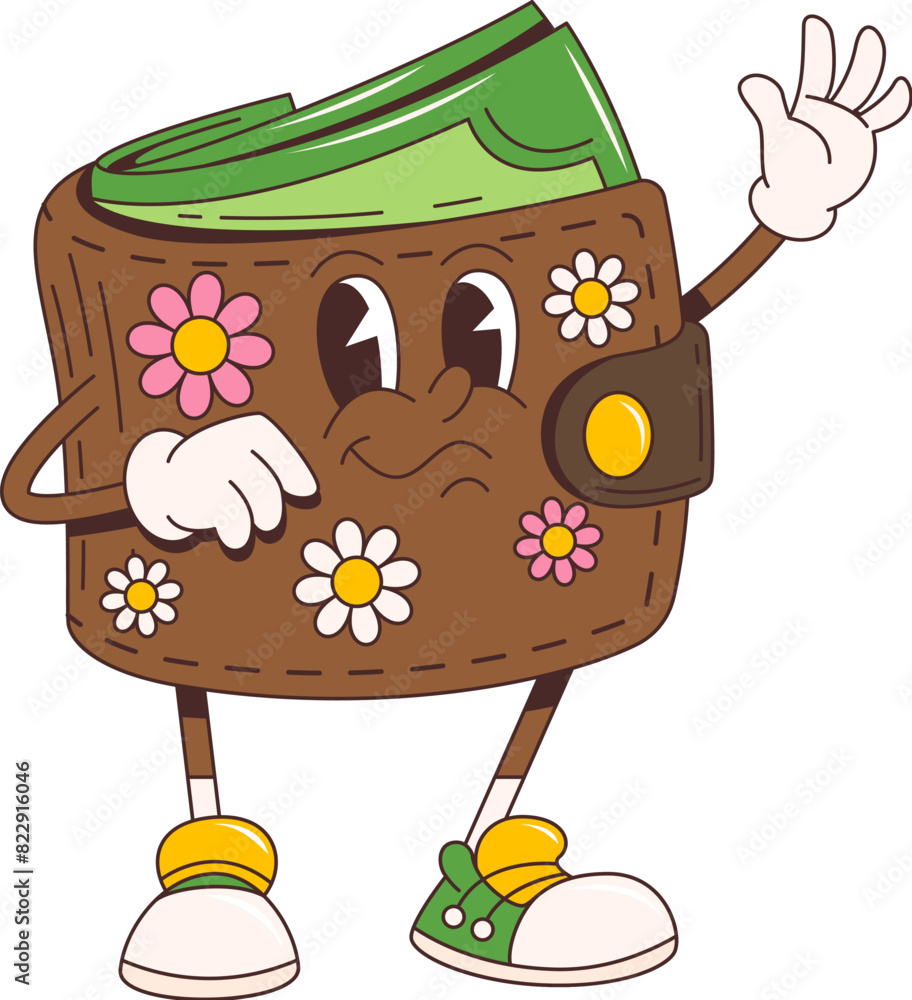 Cartoon retro groovy wallet purse character waving hand. Isolated ...