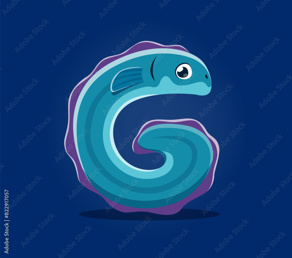 Sea animal in underwater font, letter G as fish or funny sea eel ...