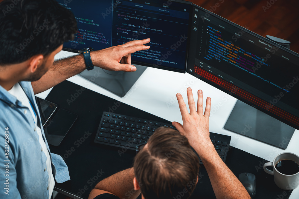 IT developers discussing online software development information on pc ...