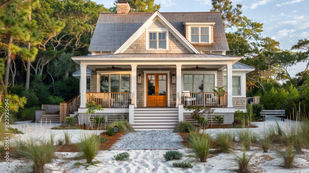 Charming beach cottage plan with a cozy interior and sandy surroundings ...