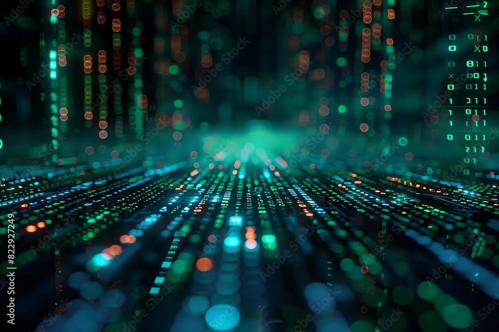 Binary code flowing in a digital cyberspace. Green and blue lights representing data. Futuristic ...