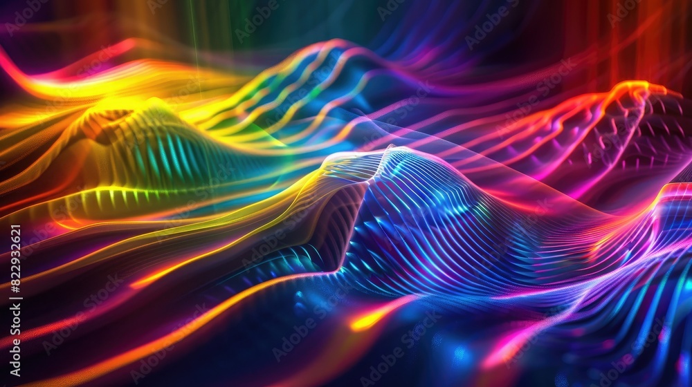 Abstract visualization of light waves passing through a prism, creating ...