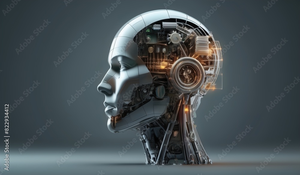 Side view of a humanoid head with blue and yellow eyes and vibrant neon ...