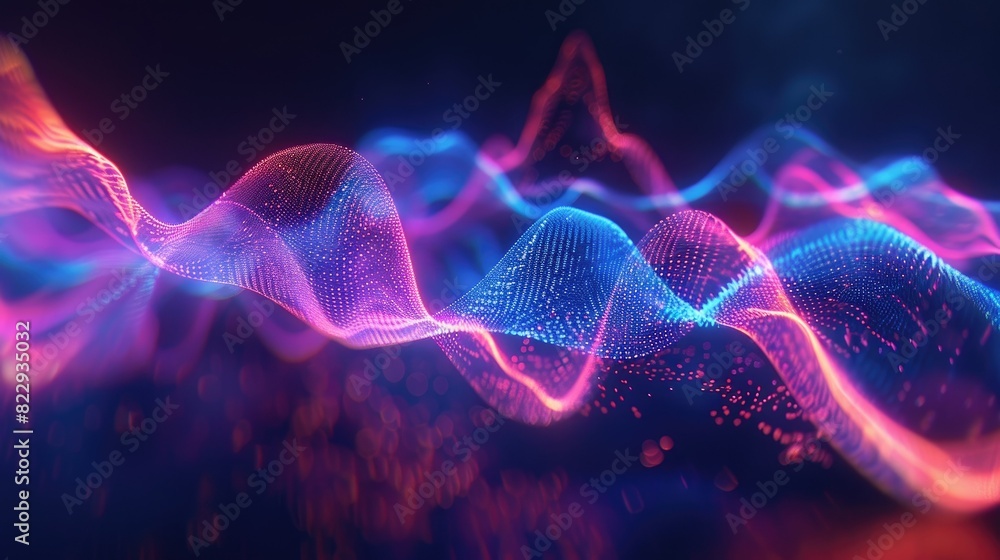 Glowing neon light waves pulsating against a dark background ...