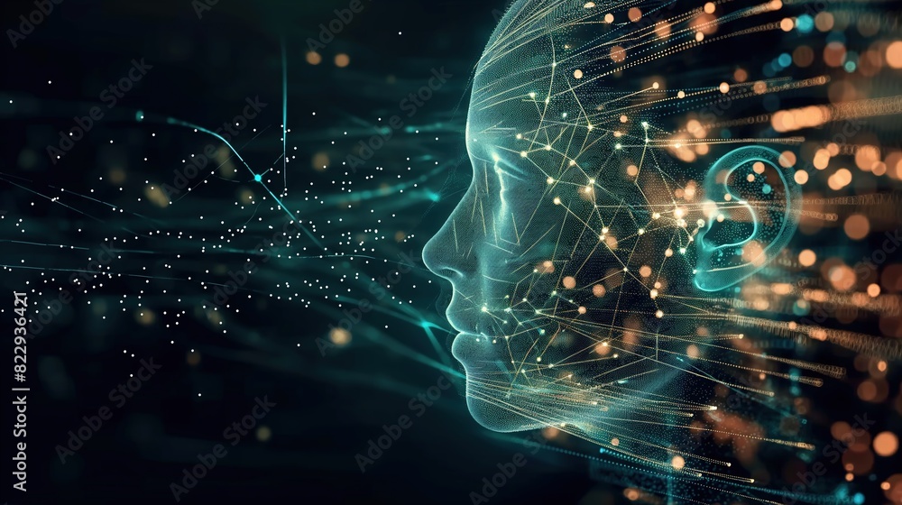 Digital profile of a human head surrounded by glowing particles in the ...