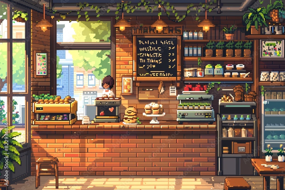 A whimsical pixel art bakery with cartoon bakers, colorful pastries ...