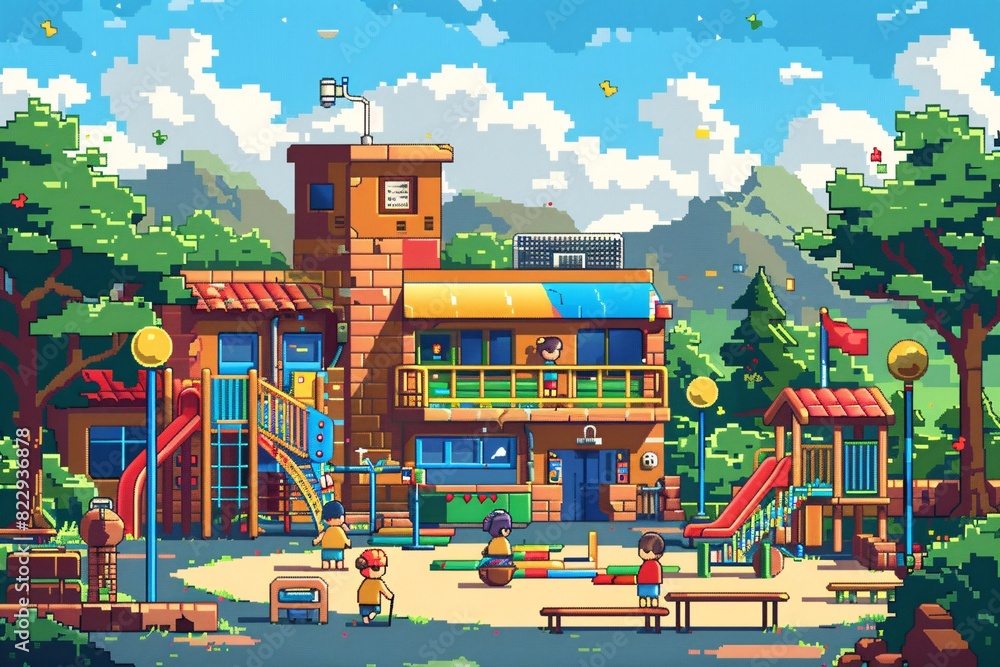 A pixel art school with cartoon students, teachers, and a playground ...
