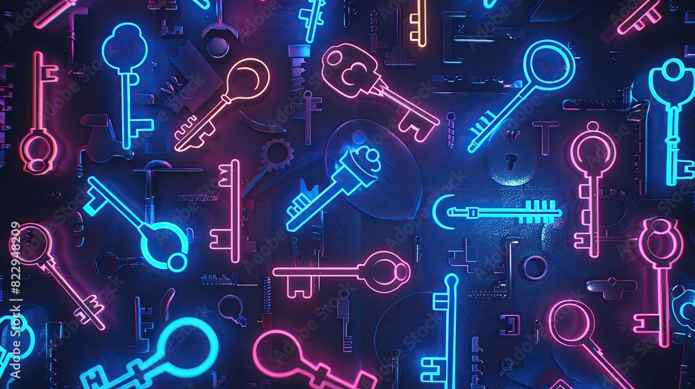 Neon key background featuring glowing keys of various shapes and sizes ...