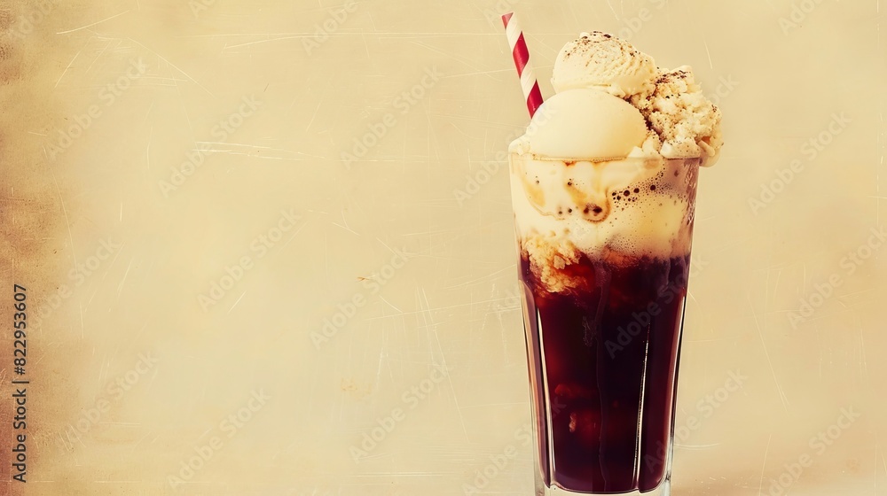 A vintage-style photograph of a root beer float. A tall glass filled ...