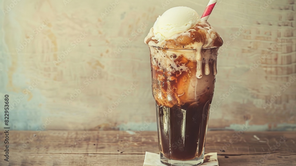A vintage-style photograph of a root beer float. A tall glass filled ...