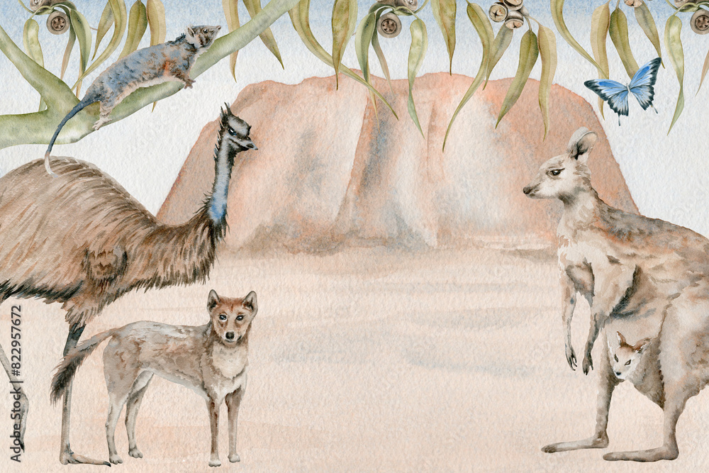 Postcard with kangaroo, dingo, emu and possum decorated with eucalyptus ...