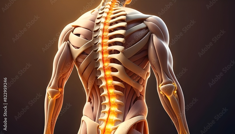 Spinal health visualization. Man experiencing back pain with glowing depiction of spine ...