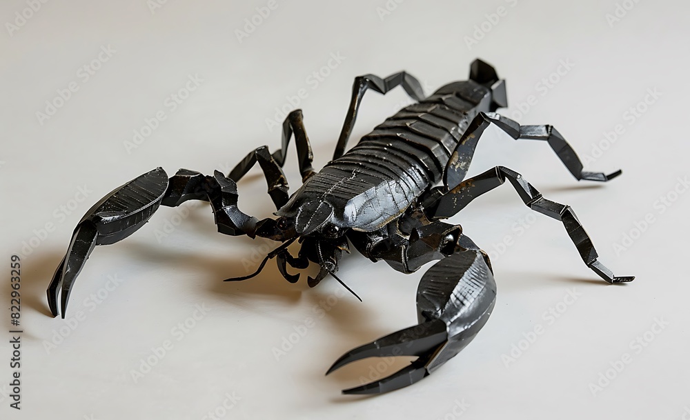 A black scorpion with black eyes and long legs, sitting on the white ...