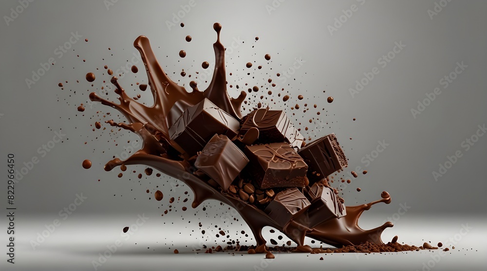 Various types of chocolate falling with choc flake in the air isolated ...
